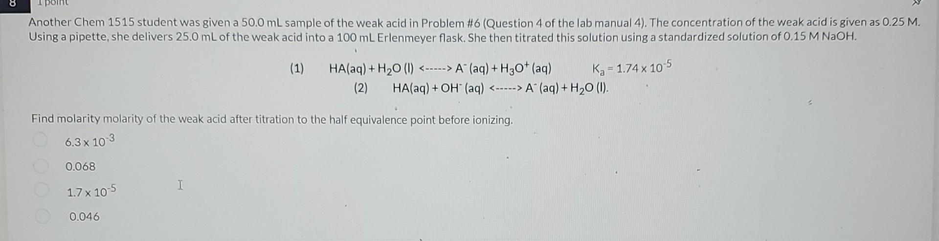Solved Another Chem 1515 student was given a 50.0 mL sample | Chegg.com