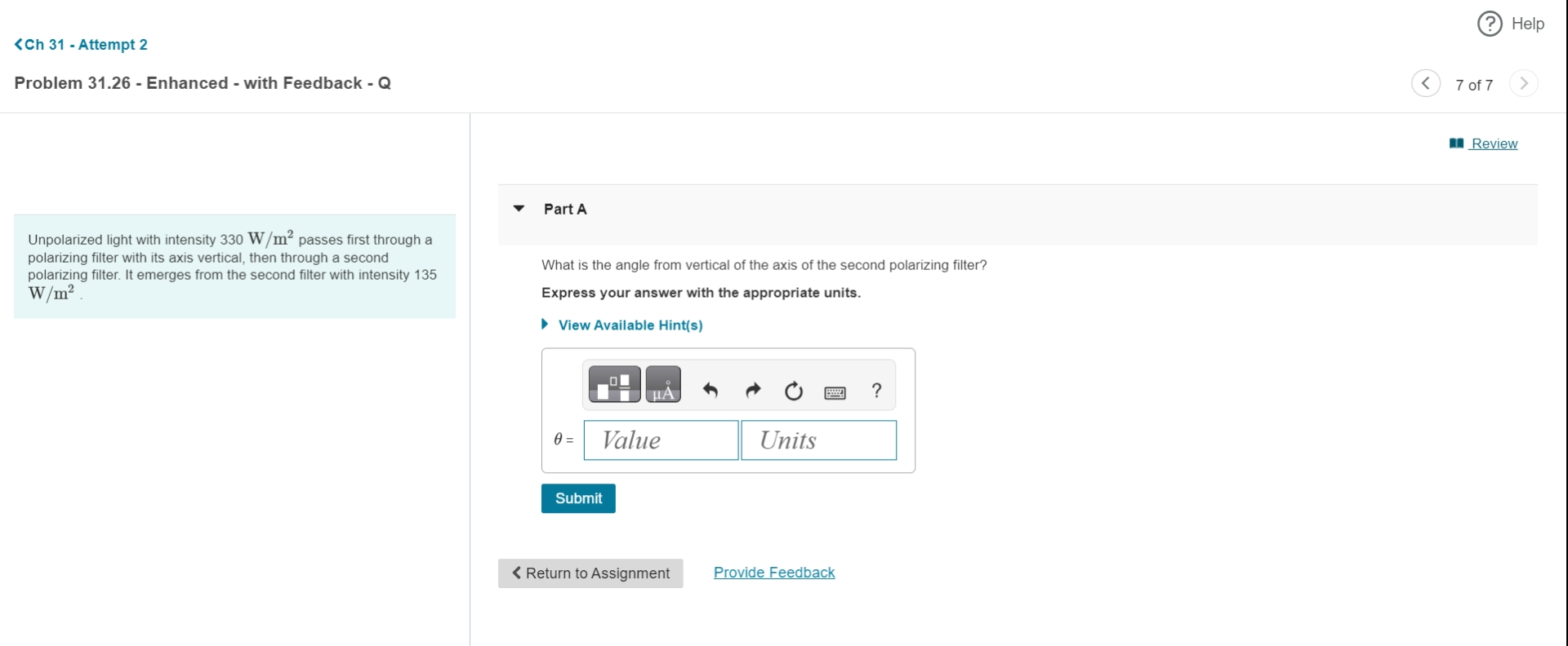 Solved Wm2330Wm2 ﻿passes first through apolarizing filter | Chegg.com