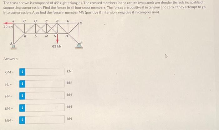 Solved The truss shown is composed of 45° right triangles. | Chegg.com