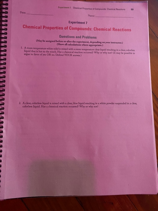 Solved Experiment Chemical Properties of Compound Chemical | Chegg.com