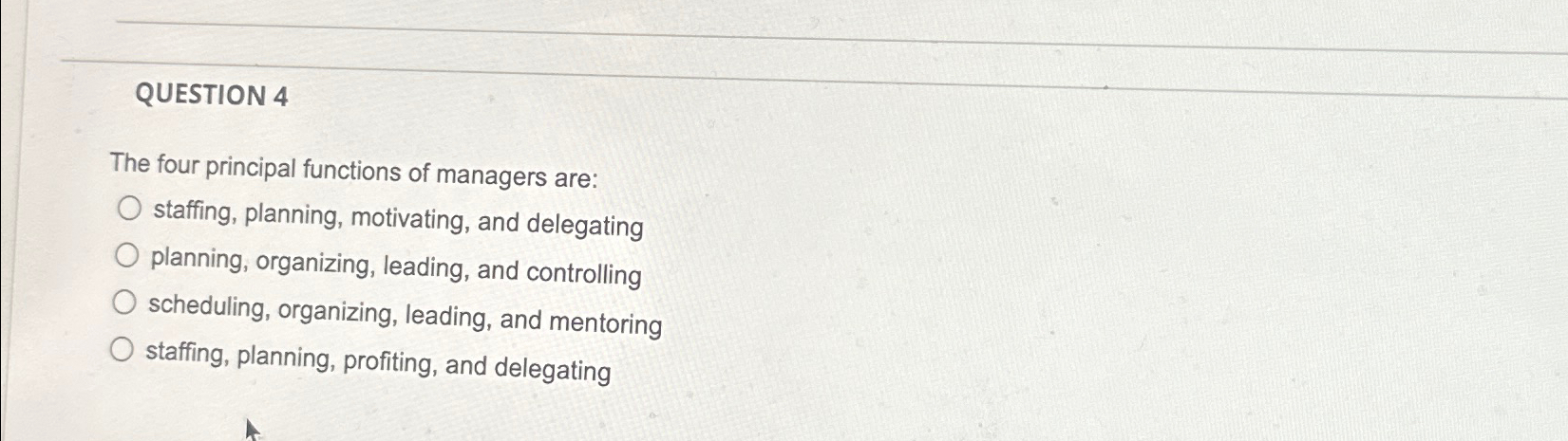 Solved QUESTION 4The four principal functions of managers | Chegg.com