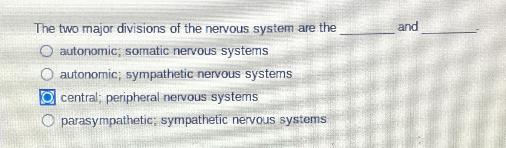 Solved The two major divisions of the nervous system are the | Chegg.com