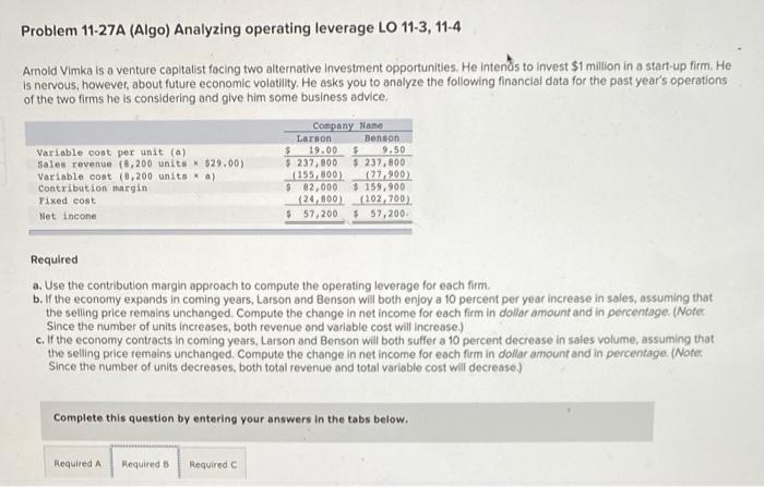Solved Problem 11-27A (Algo) Analyzing operating leverage LO | Chegg.com