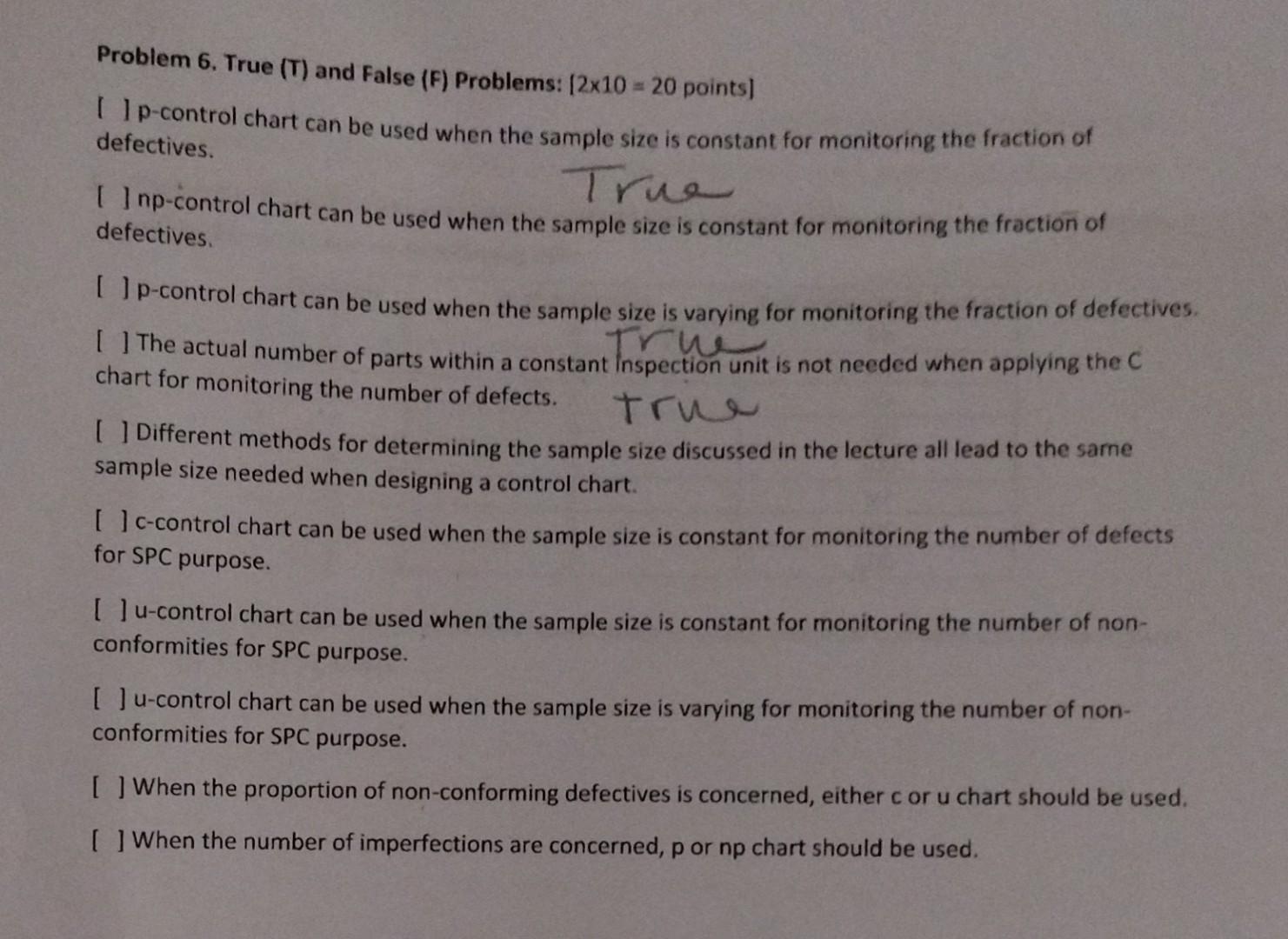 Solved Problem 6. True (T) and False (F) Problems: [2×10=20 | Chegg.com