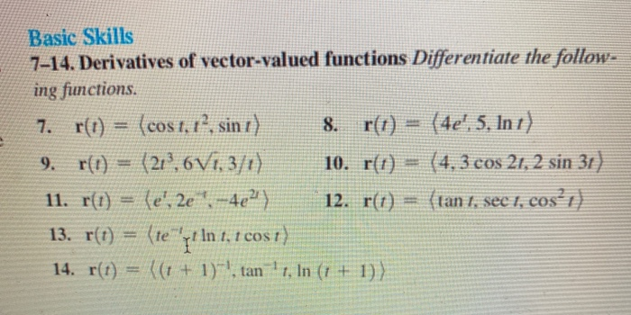 Solved Basic Skills 7–14. Derivatives of vector-valued | Chegg.com