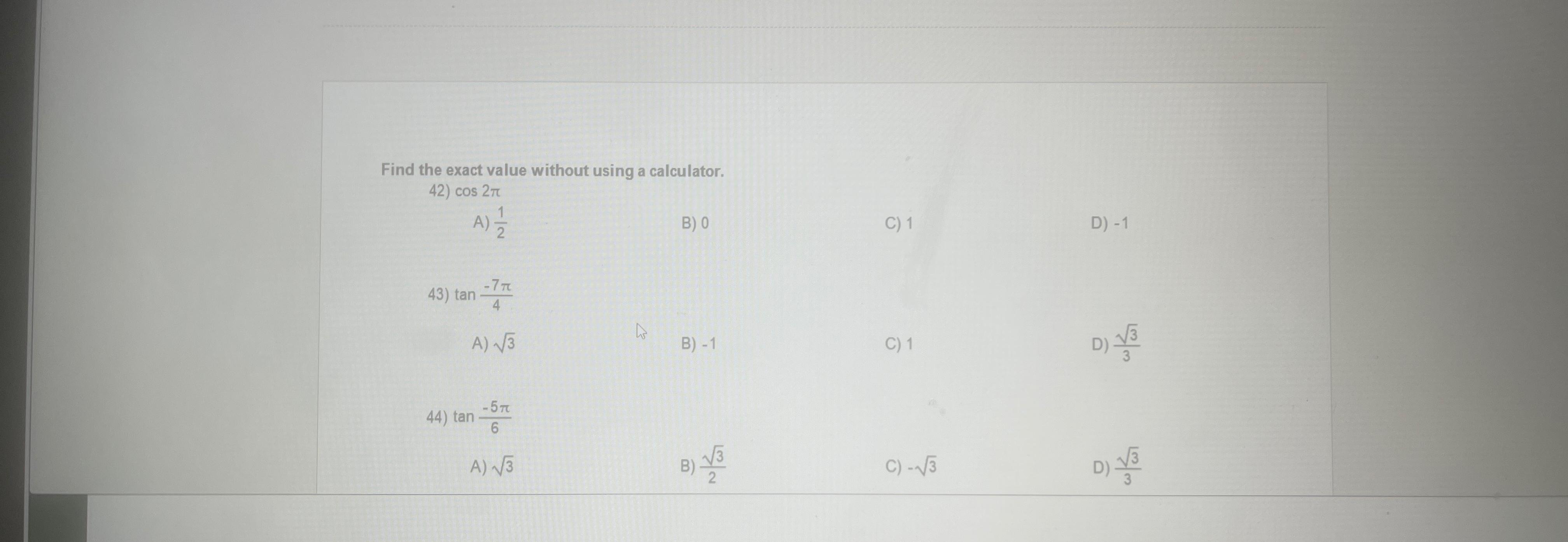 Solved Find the exact value without using a | Chegg.com