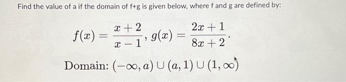 Solved Find the value of a if the domain of f+g is given | Chegg.com