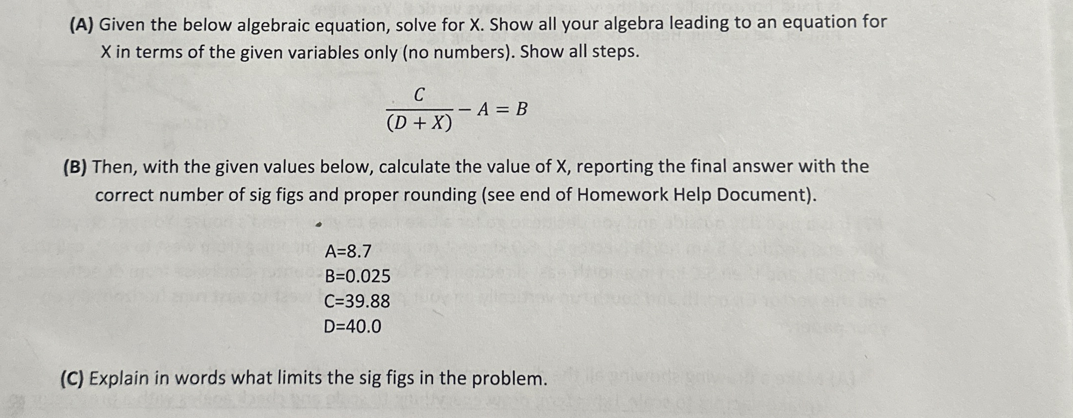 Solved (A) ﻿Given the below algebraic equation, solve for x. | Chegg.com