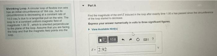 Solved Part A Shrinking Loop. A circular loop of flexible | Chegg.com