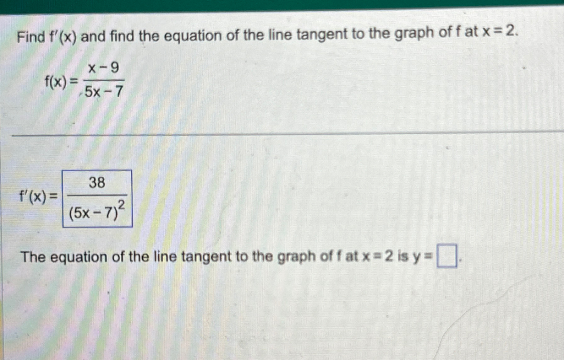Solved Find f'(x) ﻿and find the equation of the line tangent | Chegg.com