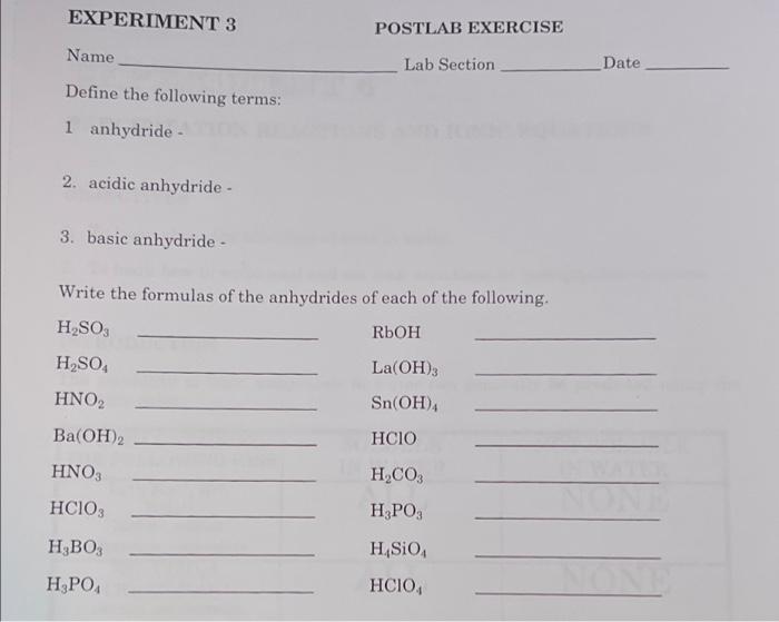 Solved EXPERIMENT 3 Name Define the following terms: 1 | Chegg.com