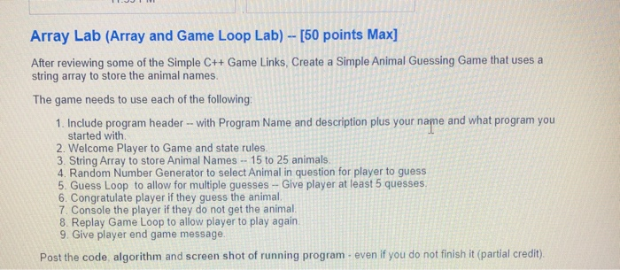 Solved Array Lab Array And Game Loop Lab 50 Points 