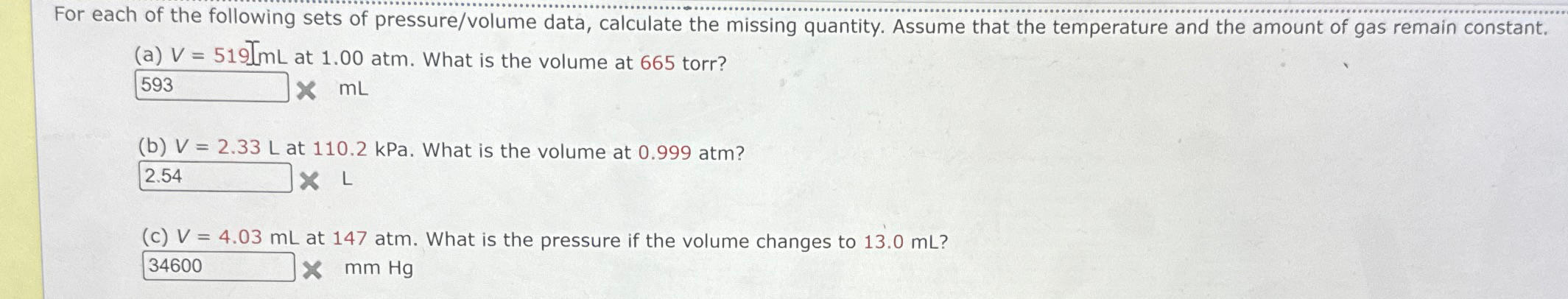 Solved For each of the following sets of pressure/volume | Chegg.com