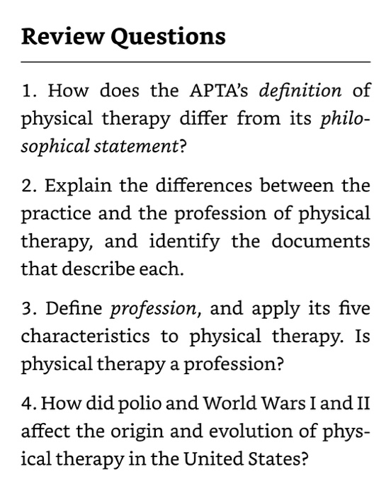 Solved Review Questions 1. How does the APTA's definition of | Chegg.com