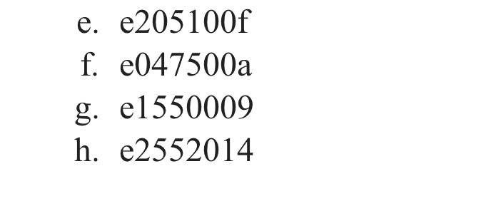 Solved e. ﻿e205100ff. ﻿e047500ag. ﻿e1550009h. | Chegg.com