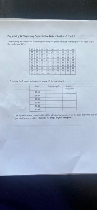 Solved Organizing & Displaying Quantitative Data - Sections | Chegg.com