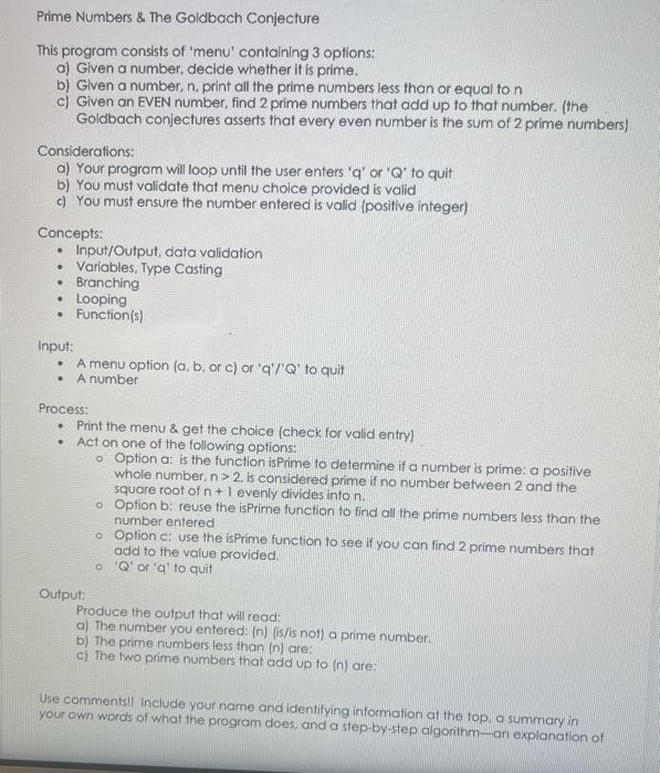 Solved Prime Numbers & The Goldbach Conjecture This program | Chegg.com