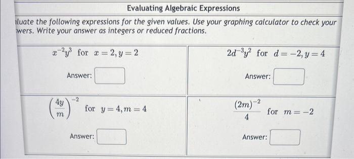 Solved Evaluating Algebraic Expressions luate the following | Chegg.com