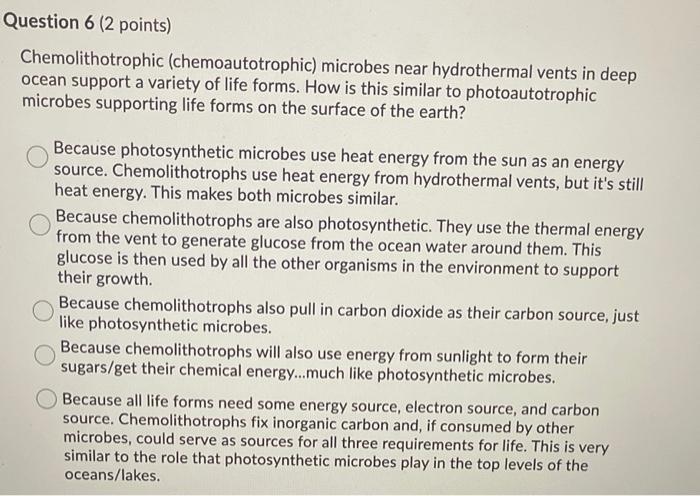 Solved Question 6 (2 points) Chemolithotrophic | Chegg.com