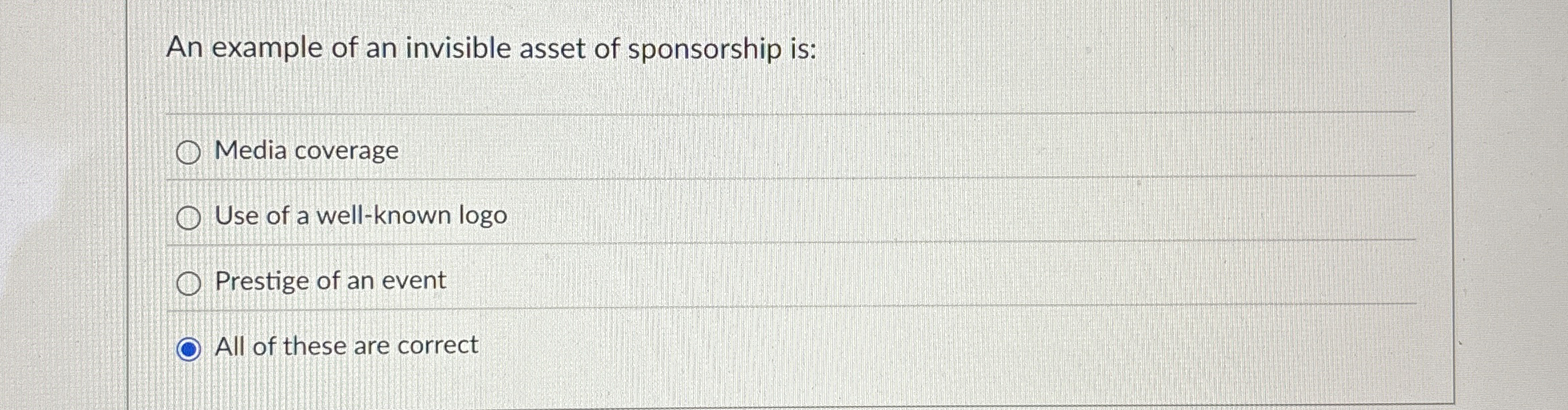 Solved An example of an invisible asset of sponsorship | Chegg.com