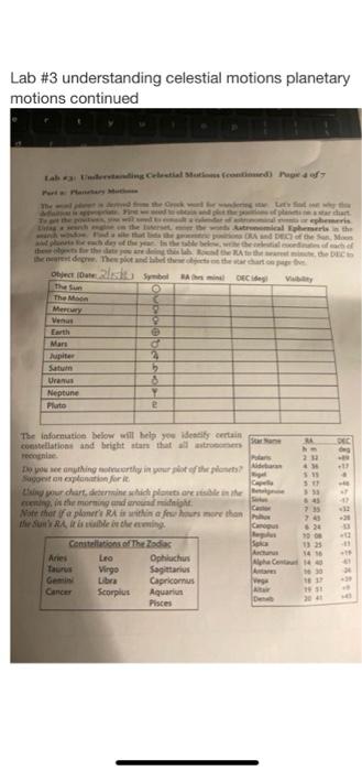 Lab #3 understanding celestial motions planetary | Chegg.com