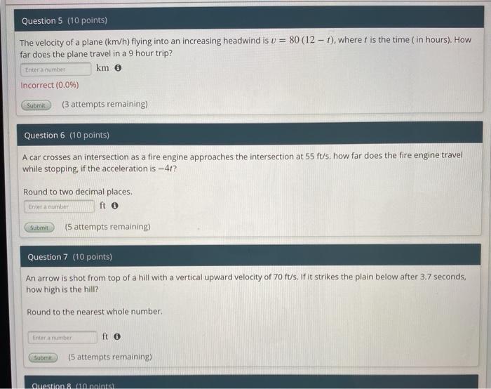 Solved Question 5 (10 points) The velocity of a plane (km/h) | Chegg.com