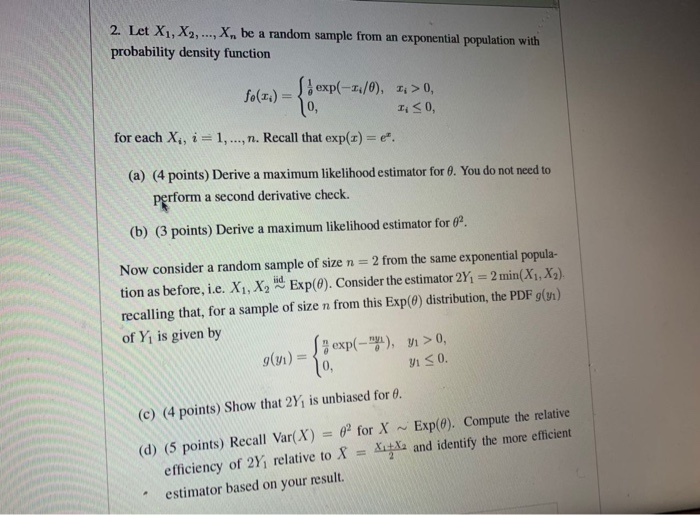 Solved 2. Let X1, X2, X, be a random sample from an | Chegg.com