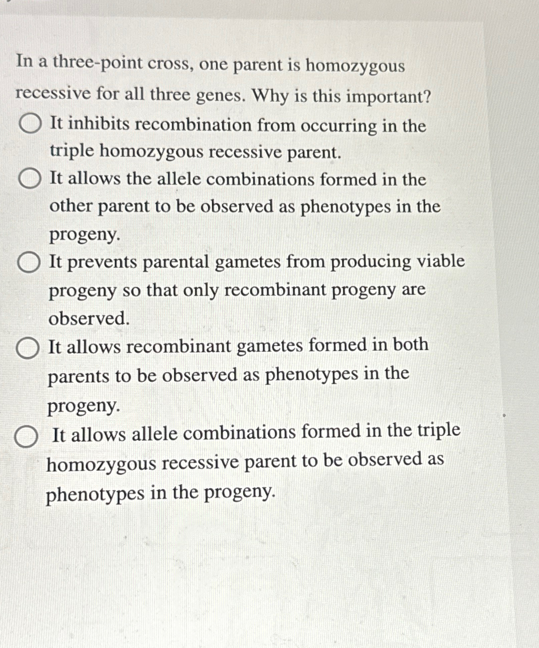 Solved In a three-point cross, one parent is homozygous | Chegg.com