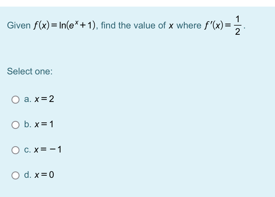 Solved Given f(x)=ln(ex+1), ﻿find the value of x ﻿where | Chegg.com