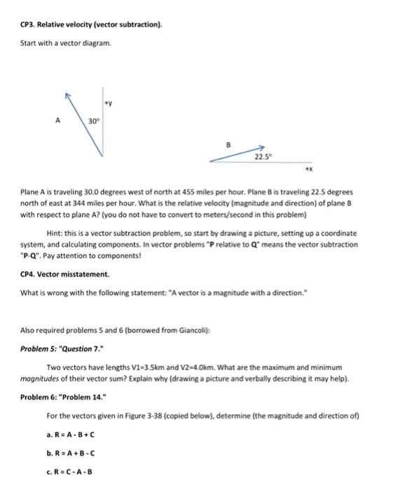Solved CP3. Relative velocity (vector subtraction). Start | Chegg.com