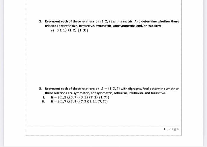 Solved 2. Represent each of these relations on {1,2,3} with | Chegg.com