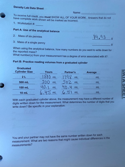 Solved Density Lab Data Sheet Name To Receive Full Credit Chegg