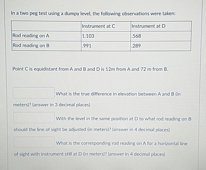 Solved In a two peg test using a dumpy level, the following | Chegg.com