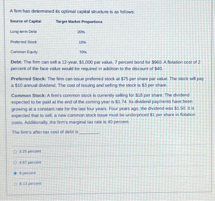Solved A firm has determined its optimal capital structure | Chegg.com