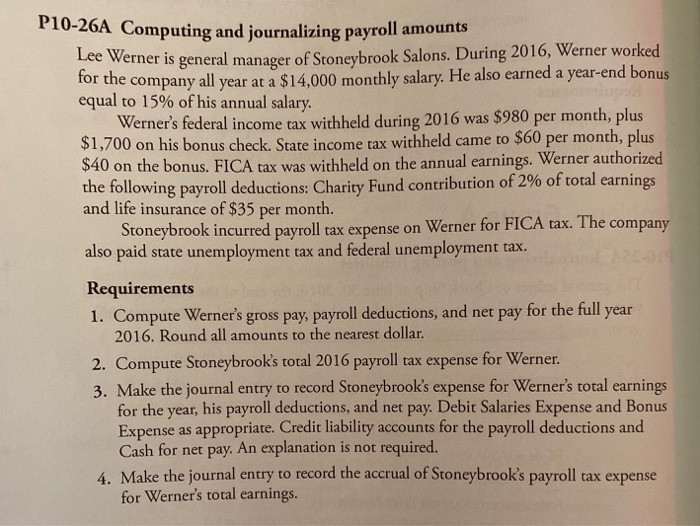 Solved P10-26A Computing and journalizing payroll amor | Chegg.com