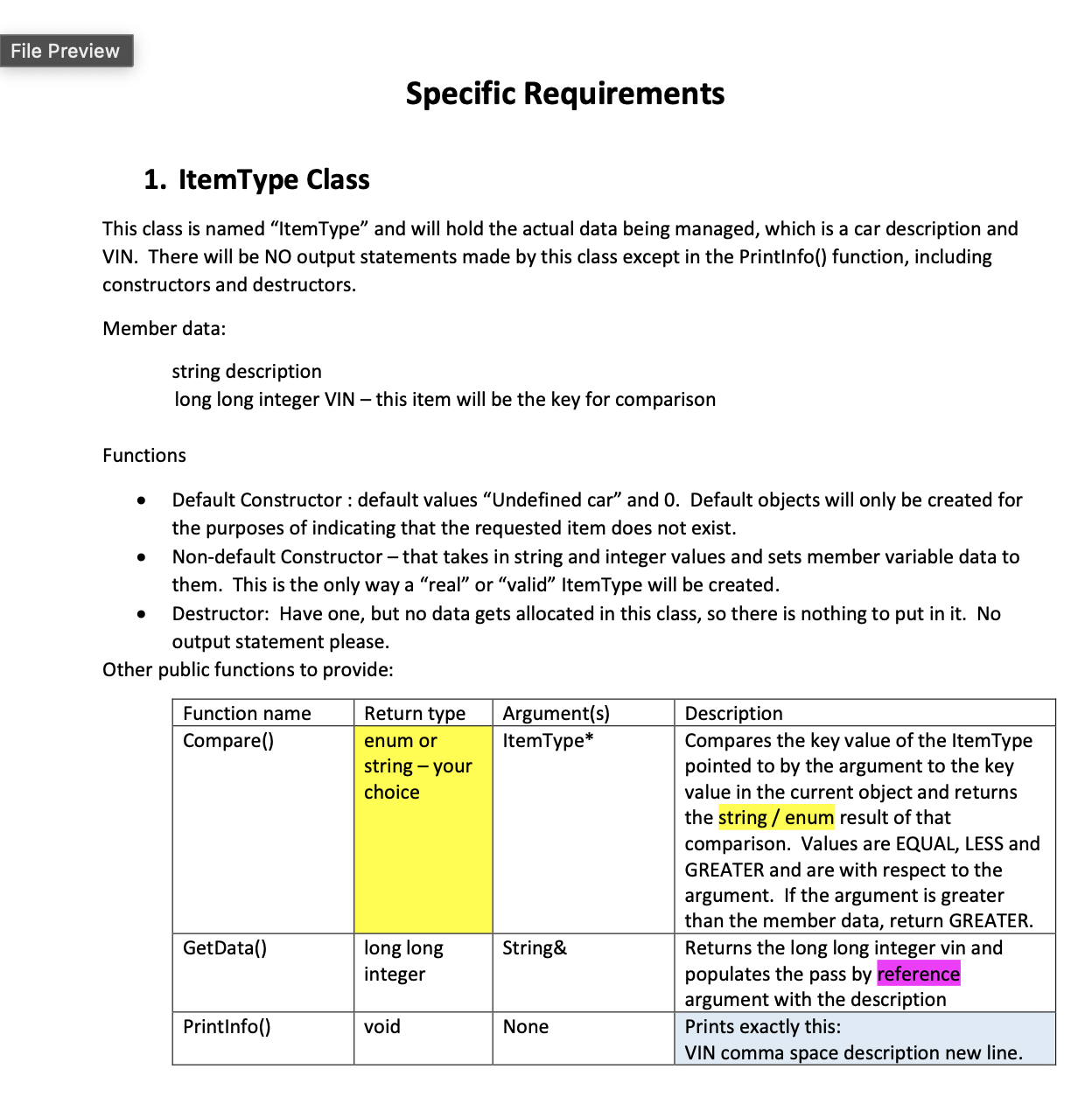 Solved Specific Requirements (c++)ItemType ClassThis class | Chegg.com
