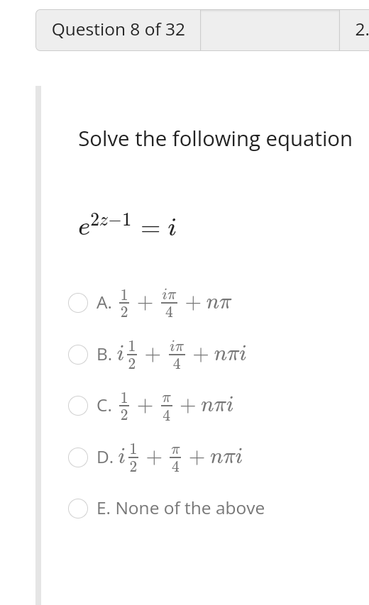 Solved Solve the following equations ez=1+i3 A. | Chegg.com