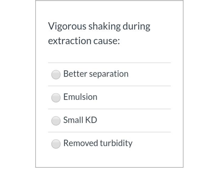 Solved Vigorous shaking during extraction cause: Better | Chegg.com