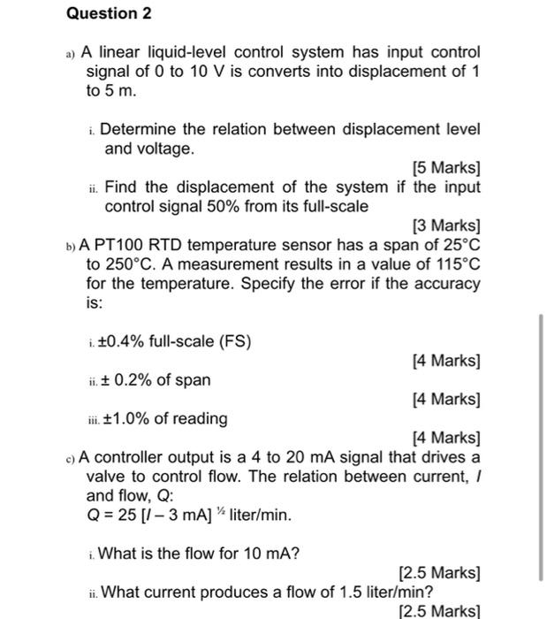 Solved Question 2 a) A linear liquid-level control system | Chegg.com