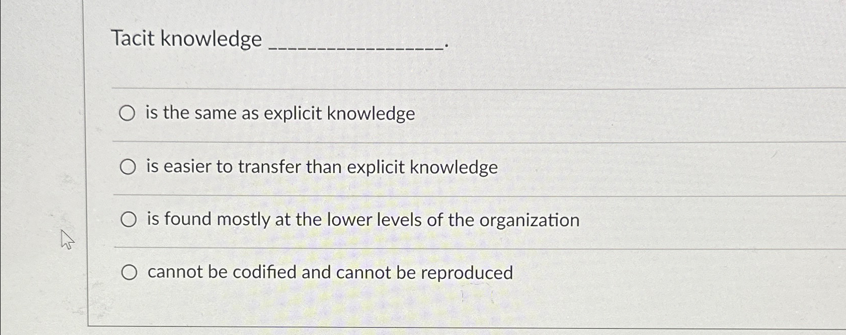 Solved Tacit knowledgeis the same as explicit knowledgeis | Chegg.com