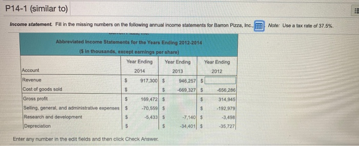 Solved P14-1 (similar to) Income statement. Fill in the | Chegg.com