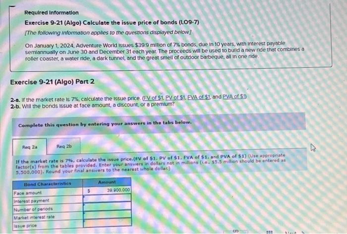 Solved Exercise 9-21 (Algo) Calculate the issue price of | Chegg.com