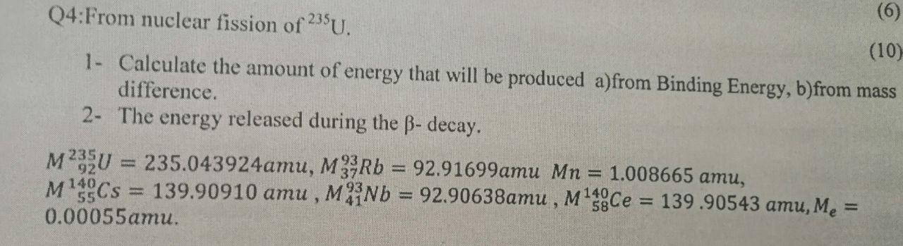 Solved (10) (6) 04:From nuclear fission of 235U. 1- | Chegg.com