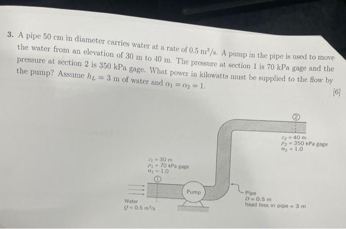 Solved 3. A pipe 50 cm in diameter carries water at a rate | Chegg.com