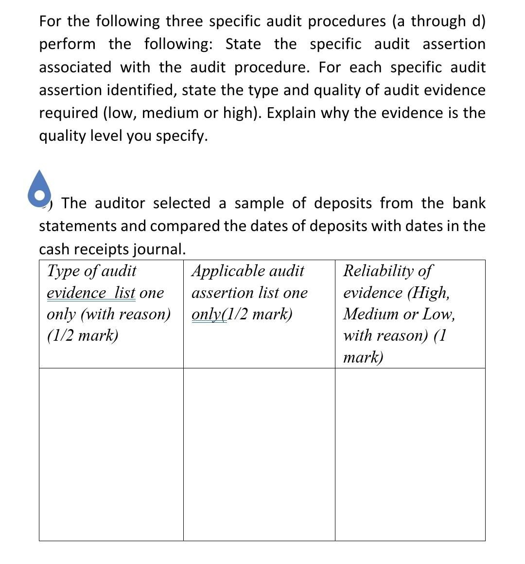 Solved For the following three specific audit procedures (a | Chegg.com