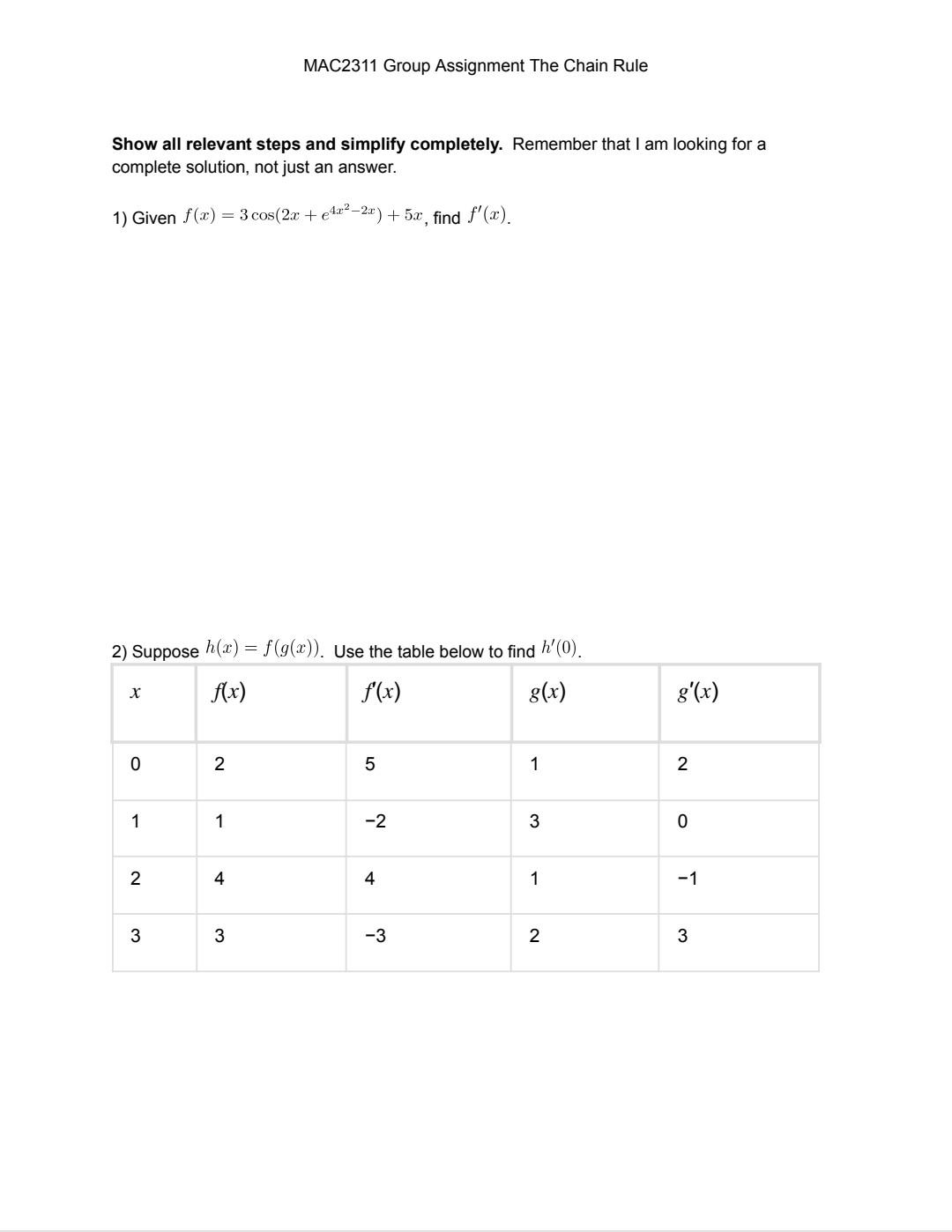 Solved MAC2311 Group Assignment The Chain Rule Show all | Chegg.com