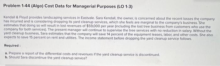 Solved Problem 1-44 (Algo) Cost Data for Managerial Purposes | Chegg.com