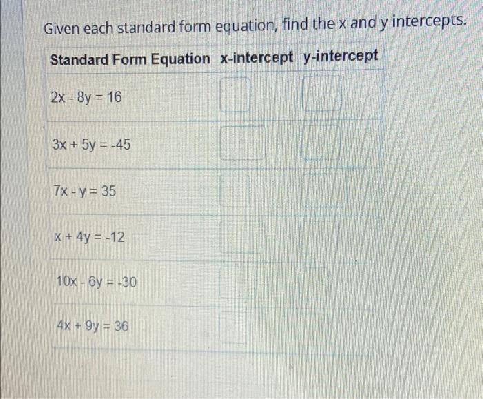 Solved Given each standard form equation, find the x and y | Chegg.com
