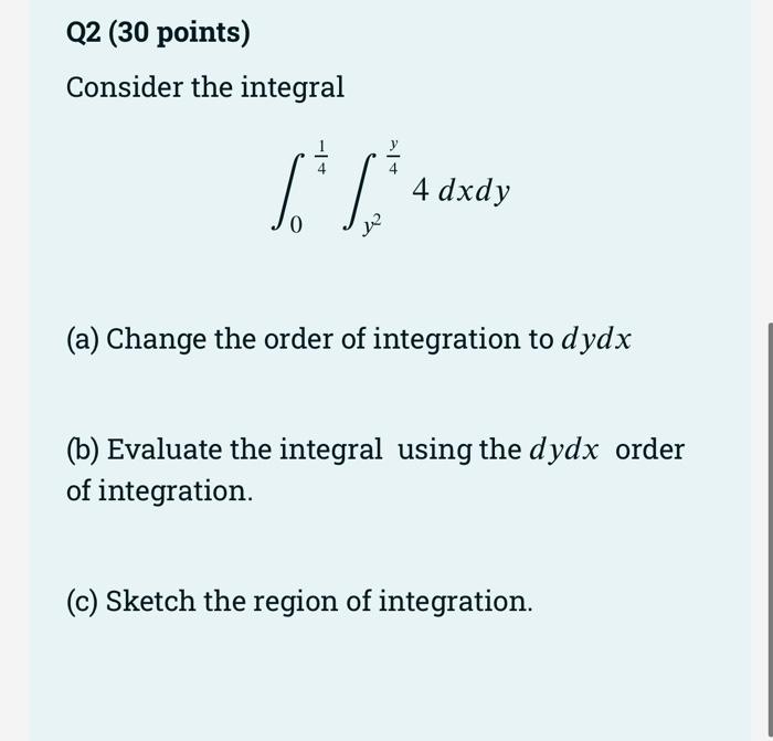 Solved Q2 (30 points) Consider the integral 4 dxdy v2 (a) | Chegg.com