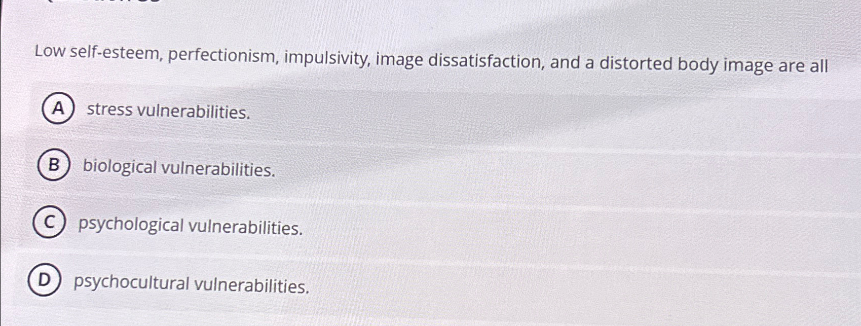 Solved Low self-esteem, perfectionism, impulsivity, image | Chegg.com